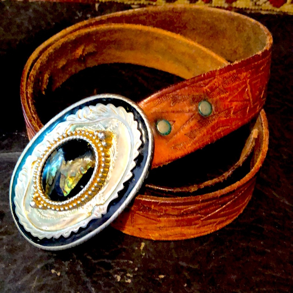 Vintage Hand Tooled Leather Southwest Western Belt - Gem